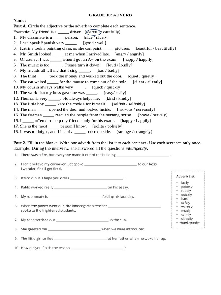 Grade 10 Adverb Practice Worksheet | PDF