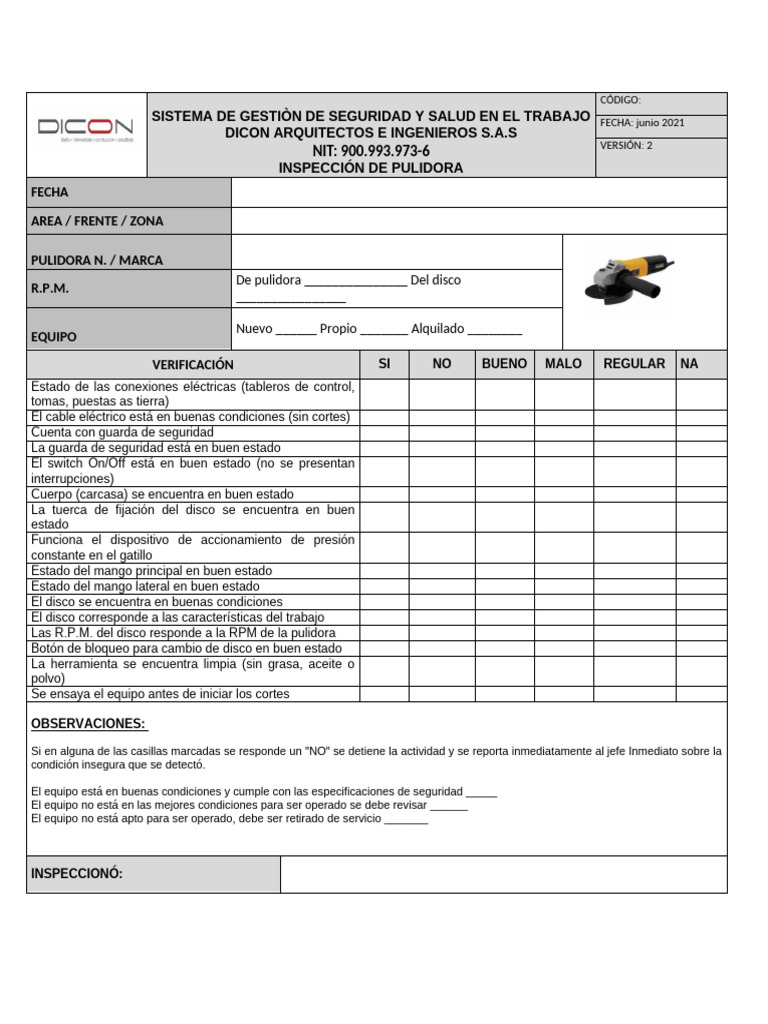 Inspección de Pulidora | PDF