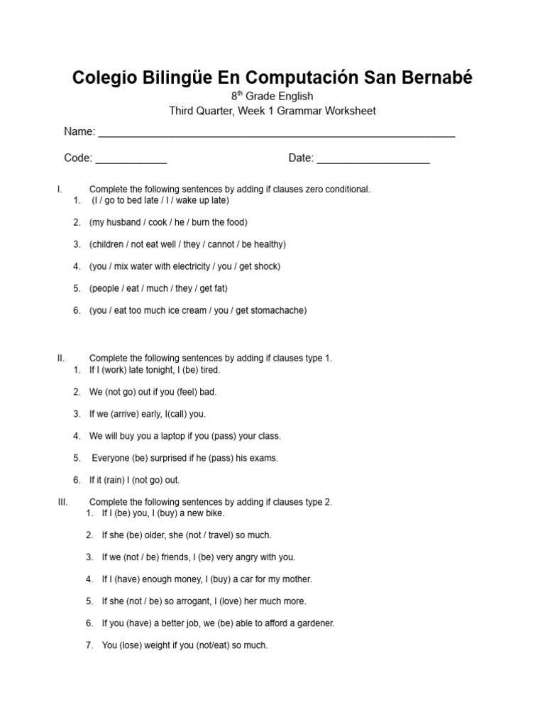 8th Grade Worksheet Extra Review Conditionals | PDF