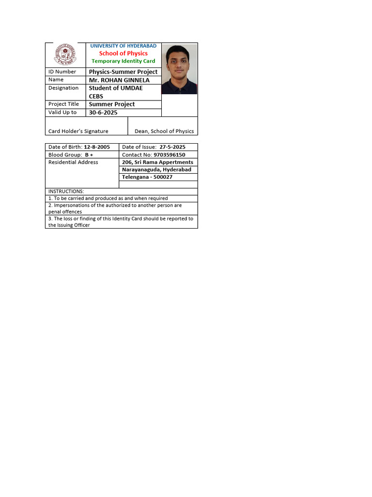 University of Hyderabad Temporary ID Card | PDF