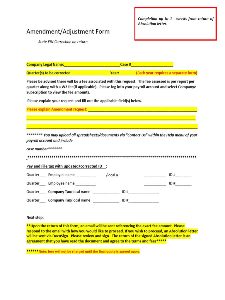 Amendment Form - File With Updated State EIN (Not For Moving States) | PDF
