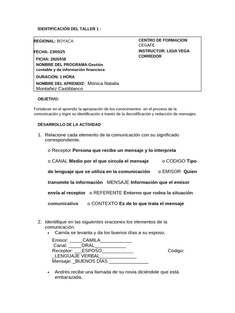Taller Mónica Natalia Montañez Castiblanco | PDF | Comunicación ...