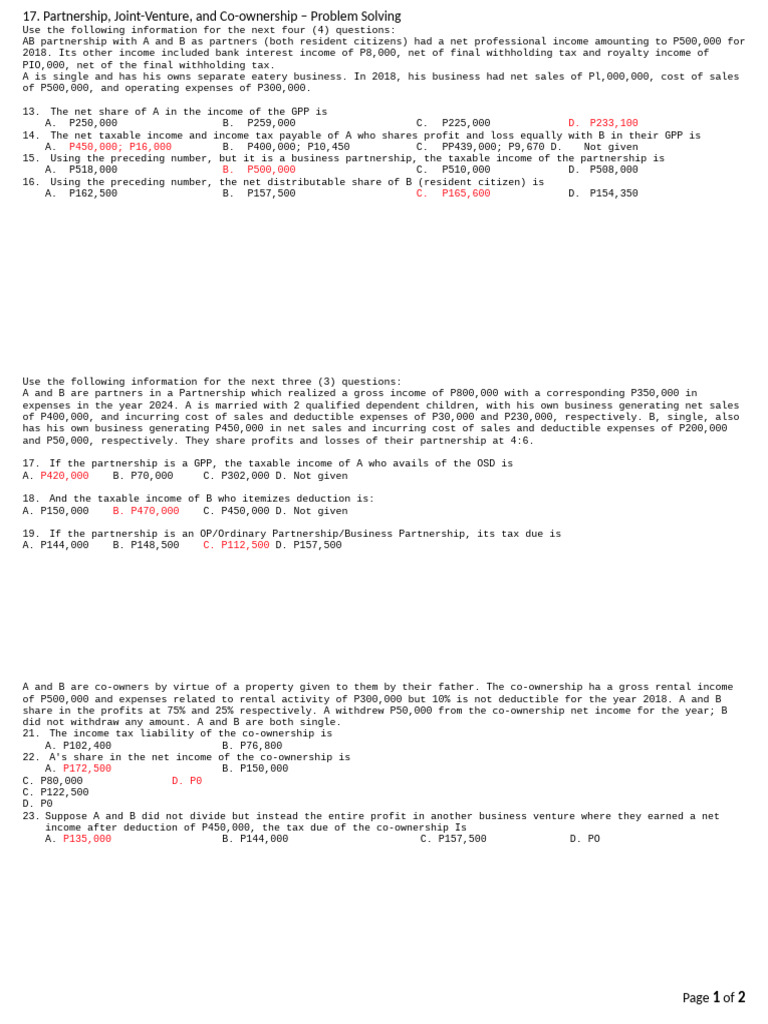 Partnership Income and Tax Analysis | PDF | Expense | Income