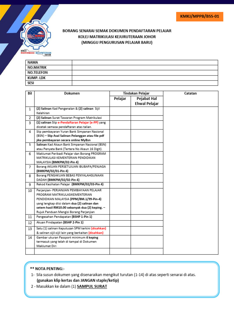 Borang Senarai Semak Dokumen Pendaftaran Pelajar | PDF