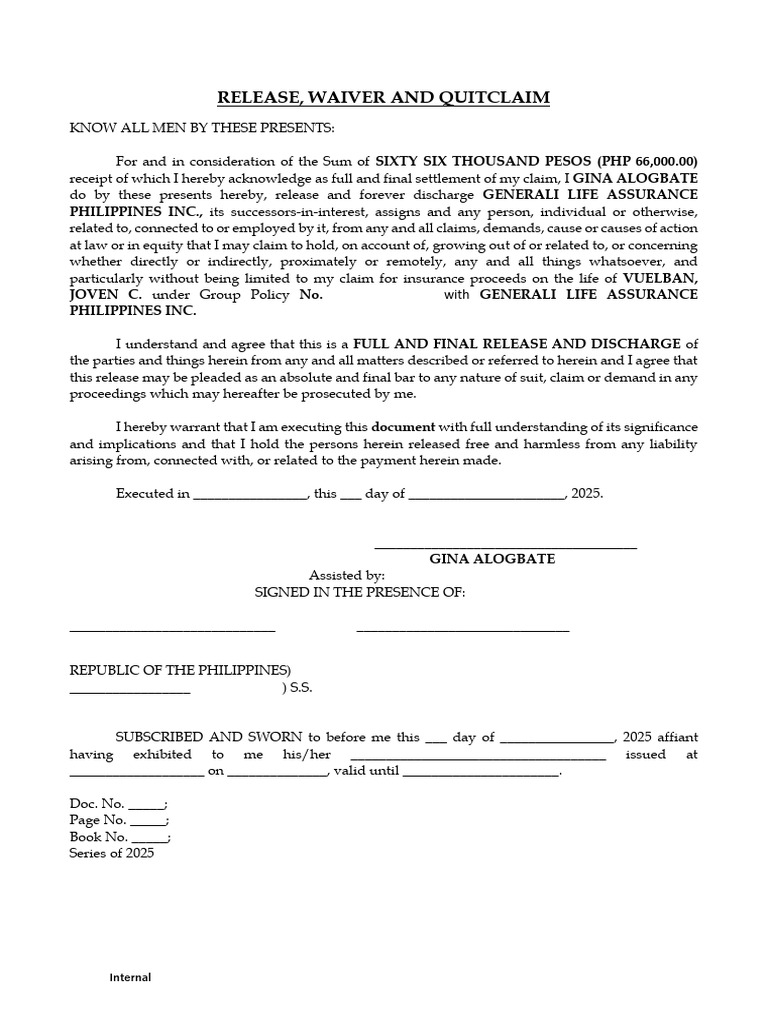 Release Waiver and Quitclaim - VUELBAN JOVEN C. | PDF