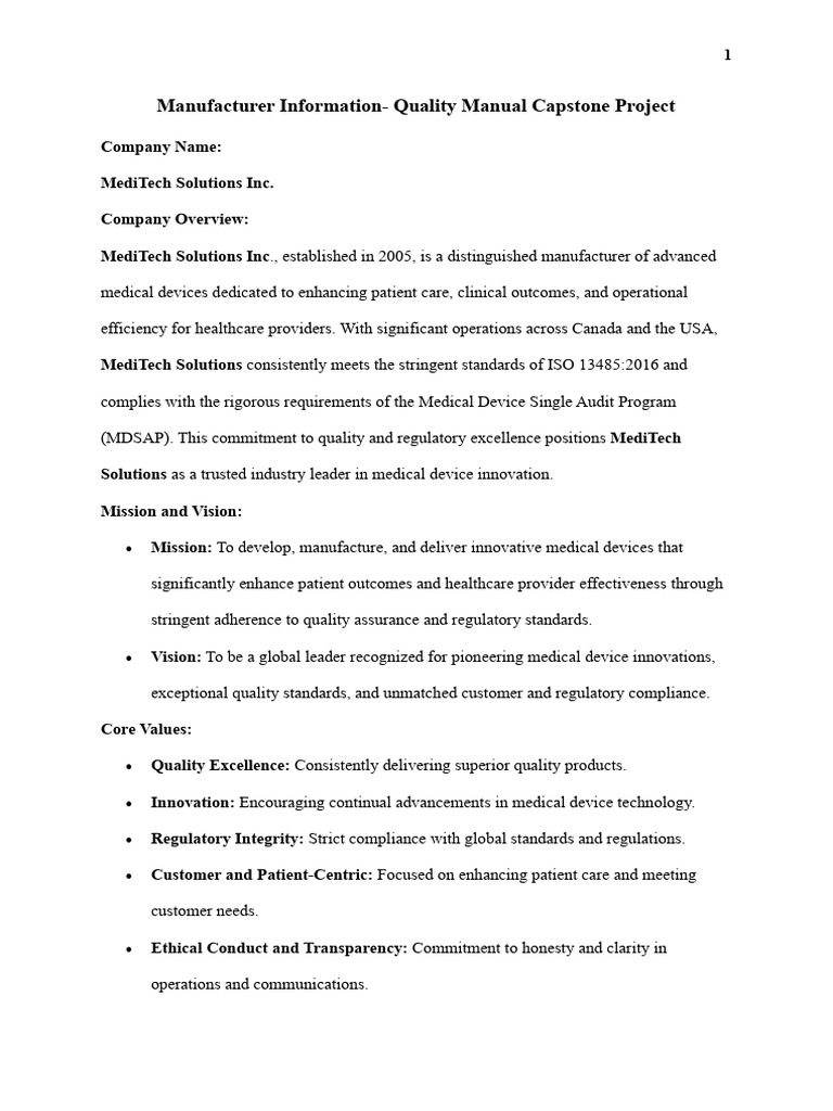 Manufacturer Information - Quality Manual Capstone Project - Spring ...