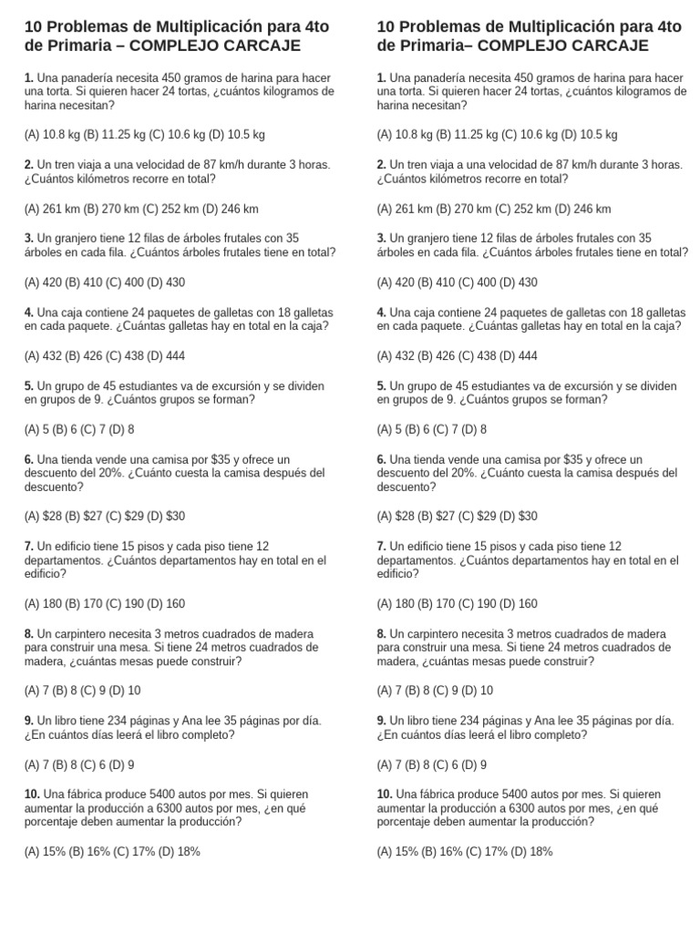 Problemas de Multiplicación para 4to | PDF