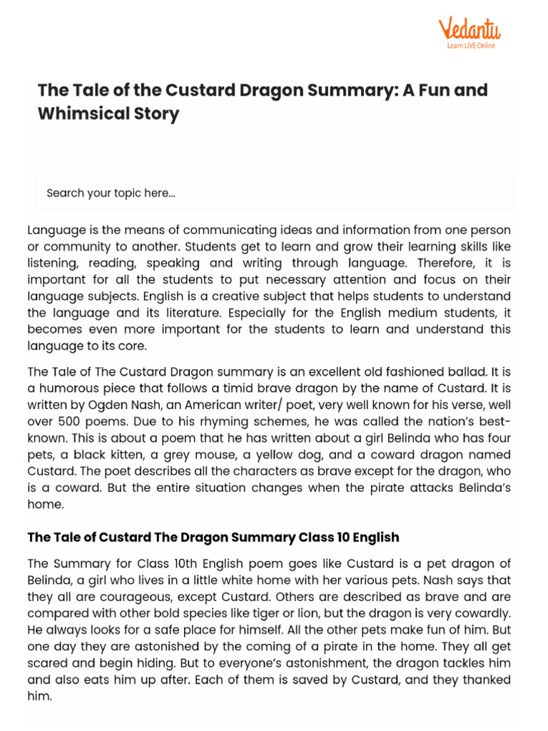 The Tale of The Custard Dragon Summary - A Fun and Whimsical Story | PDF