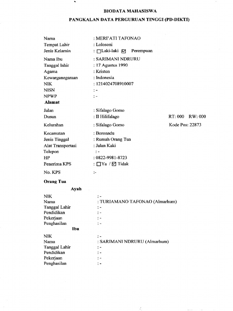 Biodata PDDIKTI Meriati Tafonao | PDF