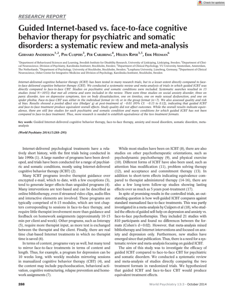 World Psychiatry - 2014 - Andersson - Guided Internet Based Vs Face To Face Cognitive Behavior ...