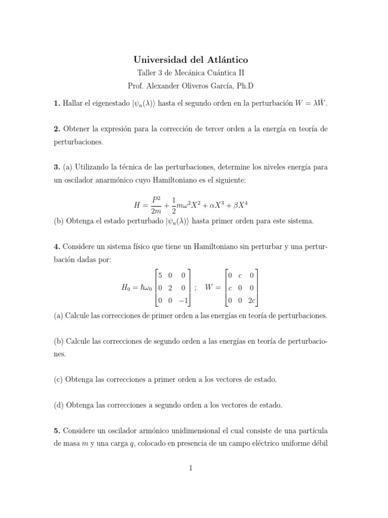 Taller 3 | PDF | Hamiltoniano (Mecánica Cuántica) | Valores propios y ...