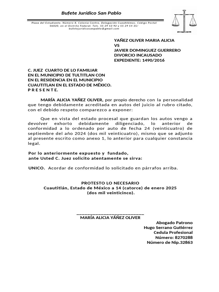 Devolucion de Exhorto Alicia Yañez | PDF