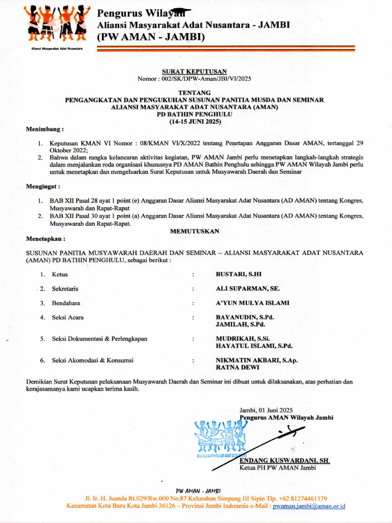 SK Panitia Musda Dan Seminar PD Aman Bathin Penghulu | PDF