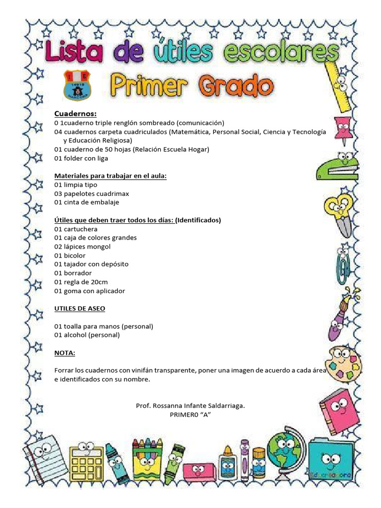 Lista de Útiles Escolares 1er Grado | PDF