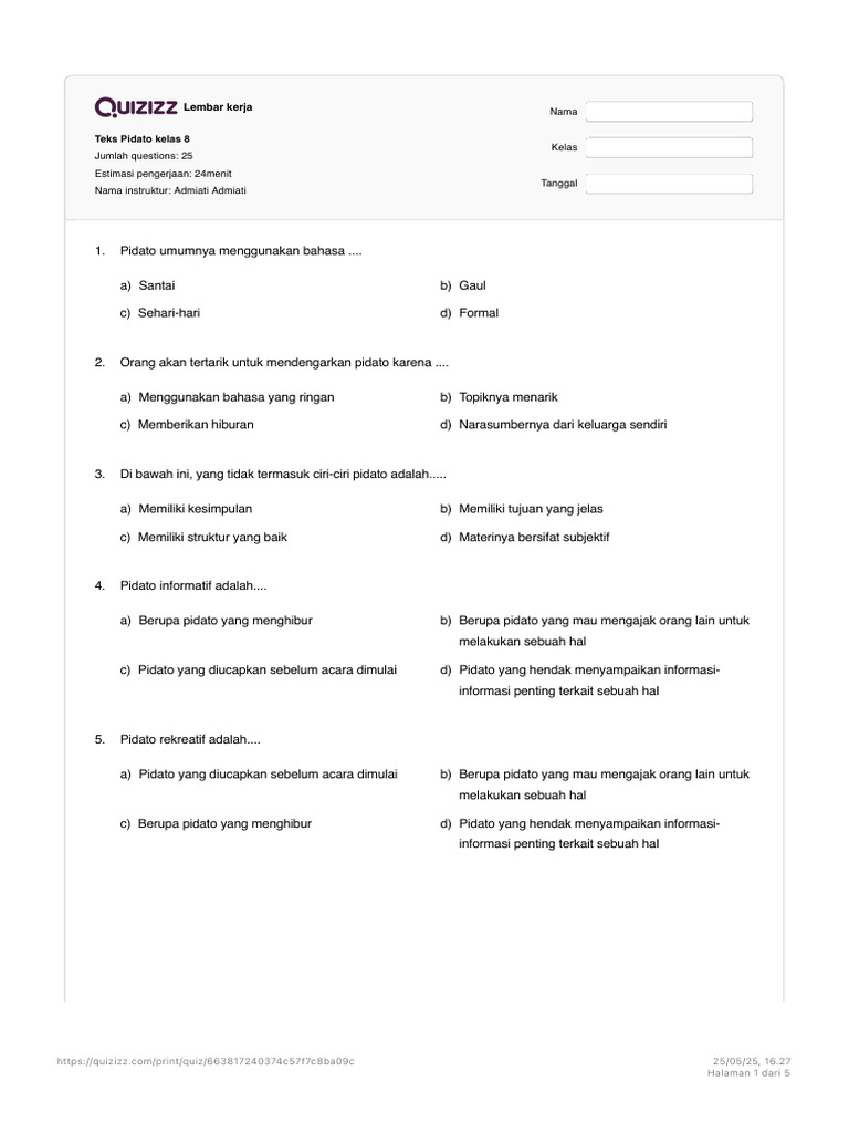 Teks Pidato Kelas 8 - Quizizz | PDF