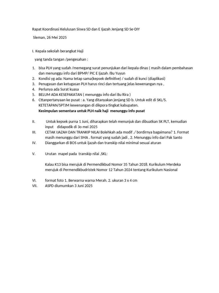 Rapat Koordinasi Kelulusan Siswa SD Dan E Ijazah Jenjang SD Se | PDF