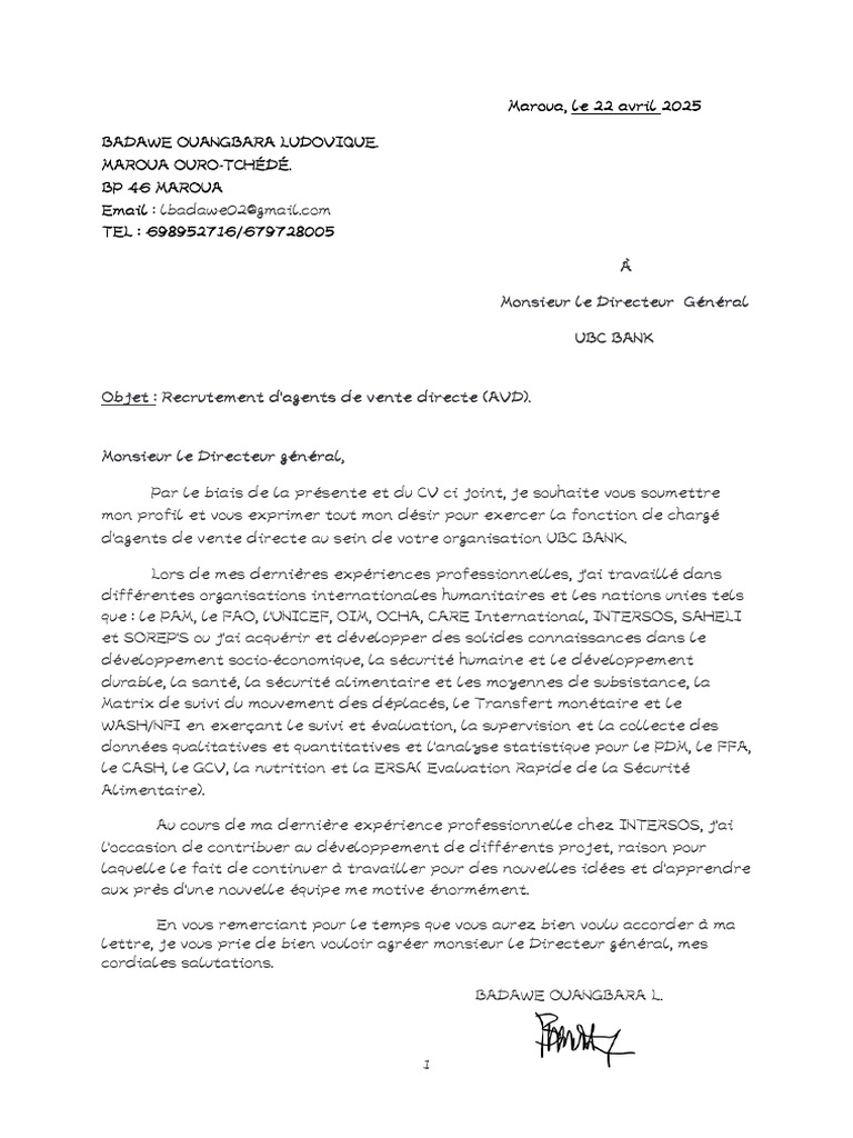 Candidature pour UBC Bank AVD | PDF
