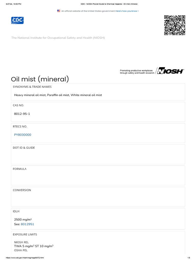 CDC - NIOSH Pocket Guide To Chemical Hazards - Oil Mist (Mineral) | PDF ...