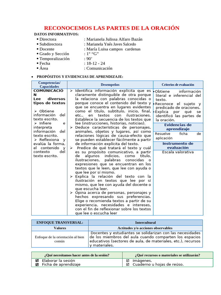Reconocemos Las Partes de La Oración | PDF | Asunto (gramática ...