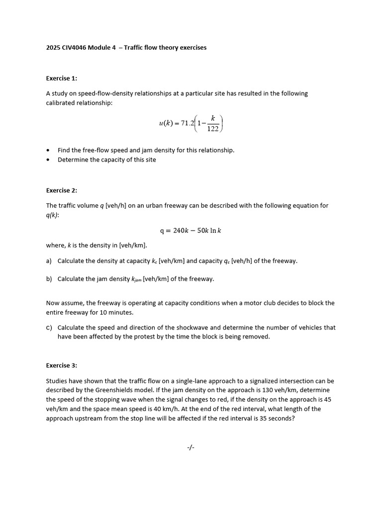 2025 - CIV4046 - Traffic Flow Theory Exercise | PDF