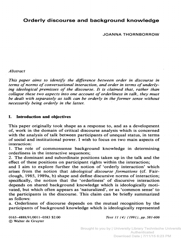 THORNBORROW, JOANNA (1991) - Orderly Discourse and Background Knowledge ...