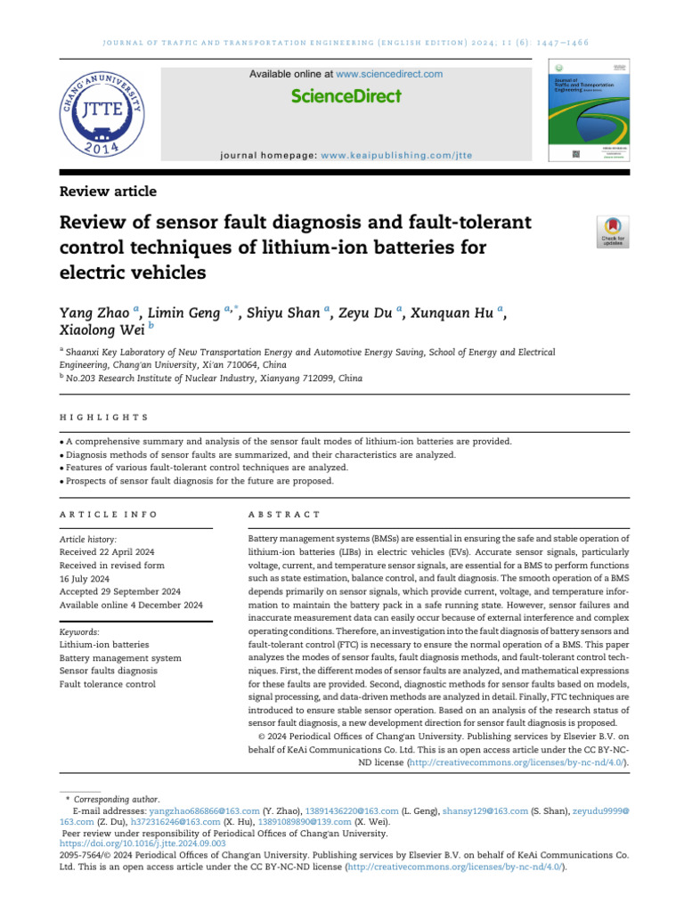 2024 Review of Sensor Fault Diagnosis and Fault-Tolerant Control Techniques of Lithium-Ion ...