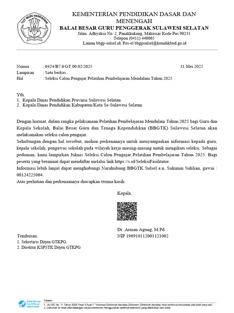 Seleksi Pengajar Pelatihan 2025 Sulsel | PDF
