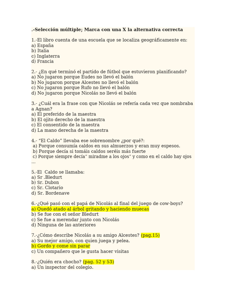 Cuestionario sobre "El pequeño Nicolás" | PDF