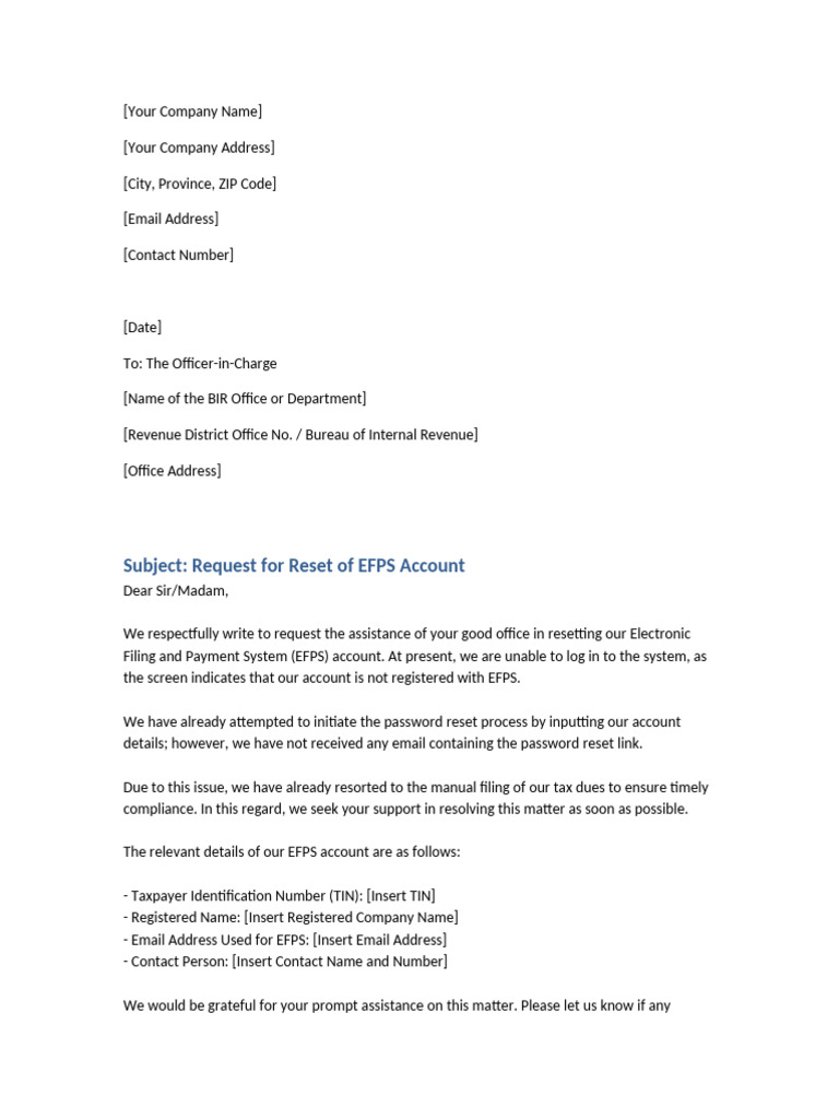 EFPS Account Reset Request Letter | PDF
