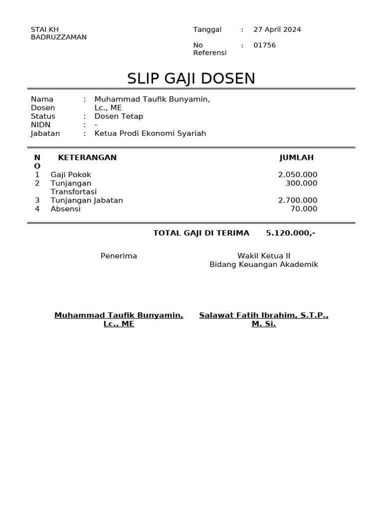 Slip Gaji Dosen Tetap 2024 | PDF