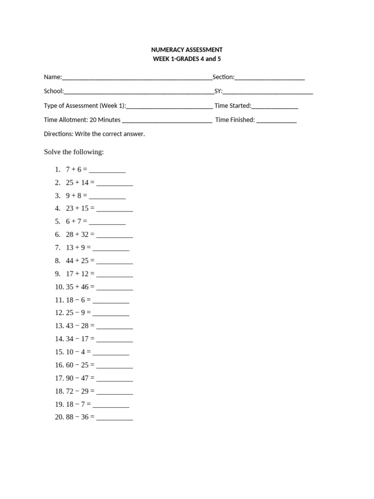 Numeracy Assessment Week 1 Grades 4 and 5 | PDF
