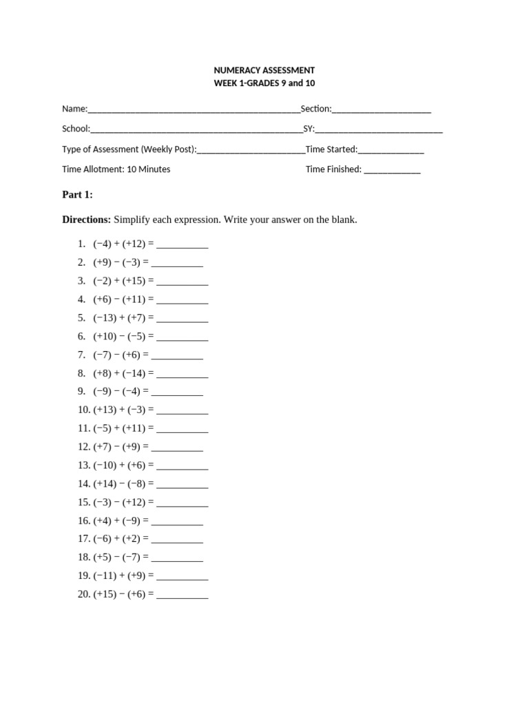 Numeracy Assessment Week 1 Grade 9 and 10 | PDF