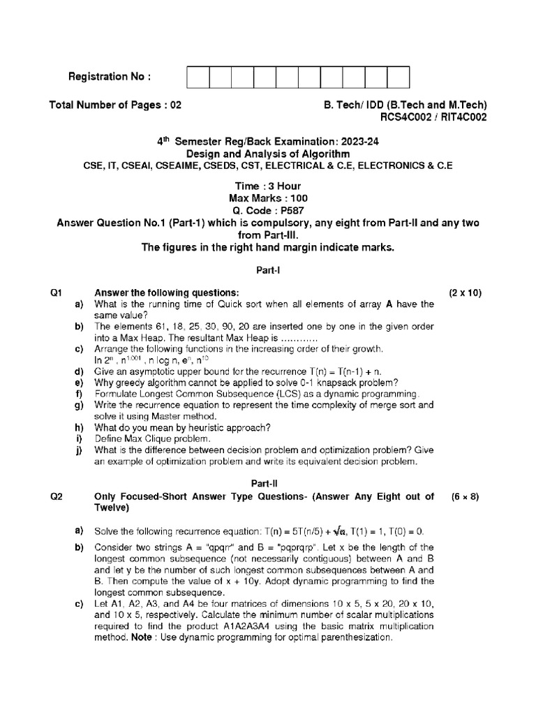 Btech Mtech 4 Sem Design and Analysis of Algorithm Rcs4c002 2024 | PDF