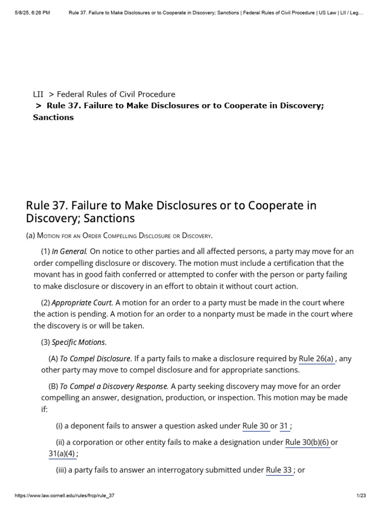 Rule 37. Failure To Make Disclosures or To Cooperate in Discovery | PDF | Discovery (Law ...