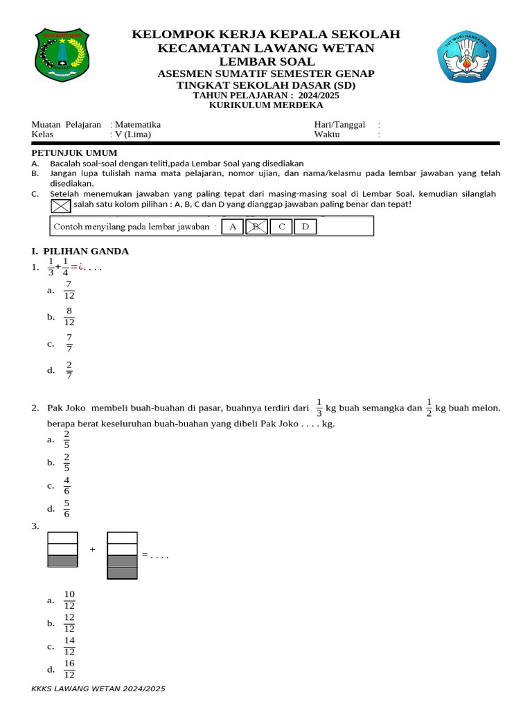 Matematika - Soal - KLS 5 - Kurmer 20242025 | PDF