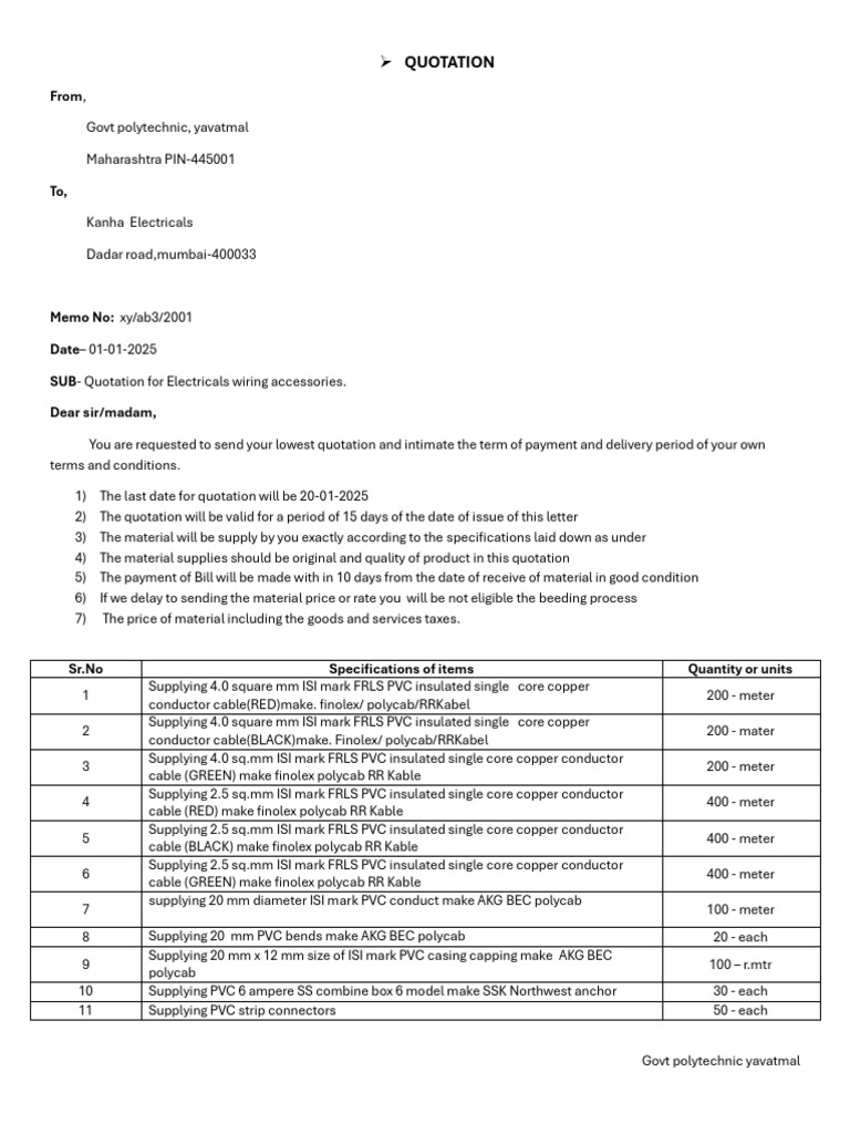 Quotation for Electrical Wiring Supplies | PDF | Electrical Conductor ...