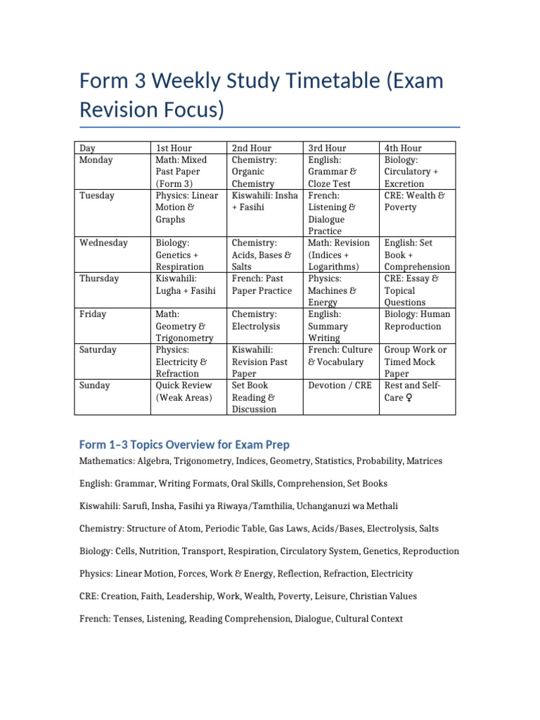 Form3 Exam Revision Timetable | PDF | Mathematics | Chemistry