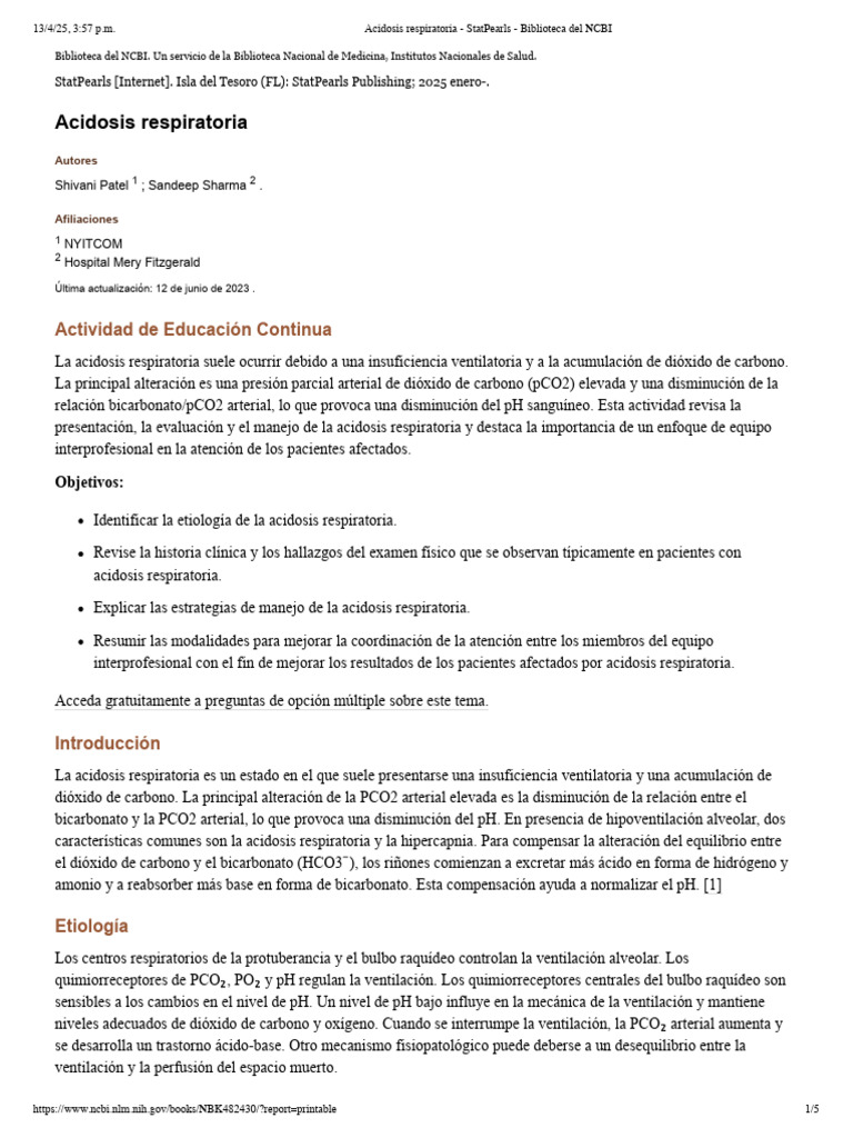 Acidosis Respiratoria - StatPearls - Biblioteca Del NCBI | PDF ...