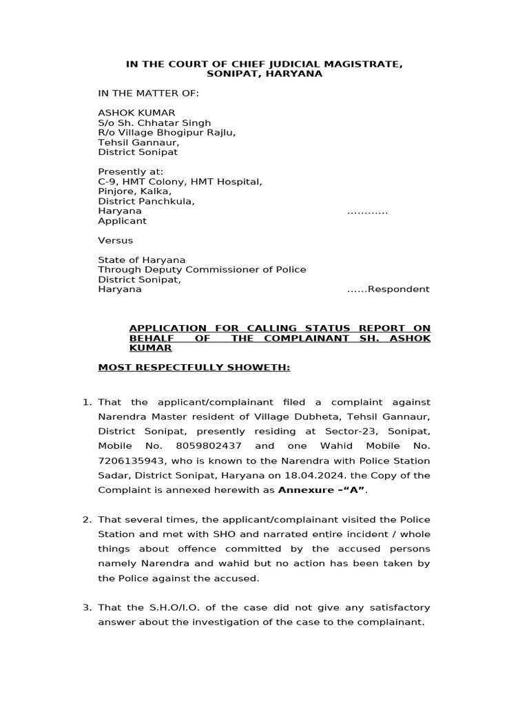 Application For Calling Status Report | PDF | Criminal Law | Common Law