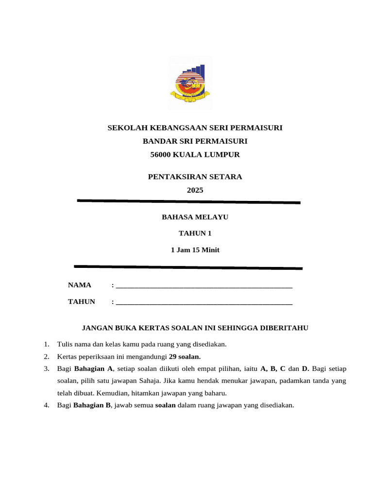 BM Exam Tahun 1 2025 | PDF
