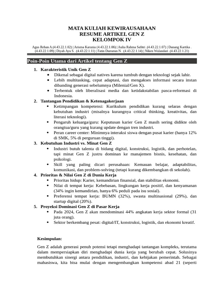 Resume Artikel Gen Z - Kelompok IV-1 | PDF