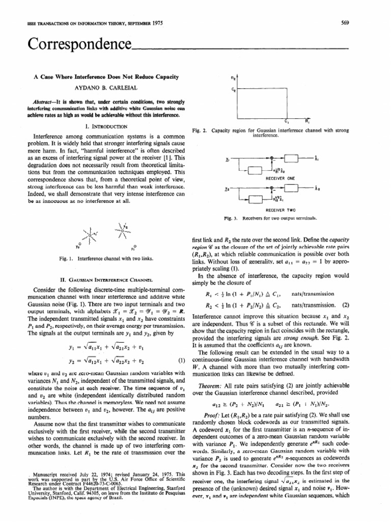A Case Where Interference Does Not Reduce Capacity AYDANO B. CARLEIAL | PDF | Telecommunications ...