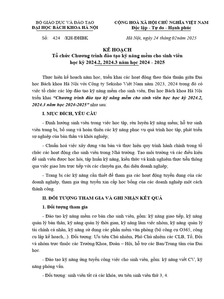 KH Tổ Chức Các Khóa KNM Học Ky 2024.2, 2024.3 Ky So | PDF