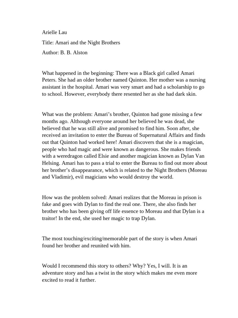 Amari and The Night Brothers Book Review | PDF