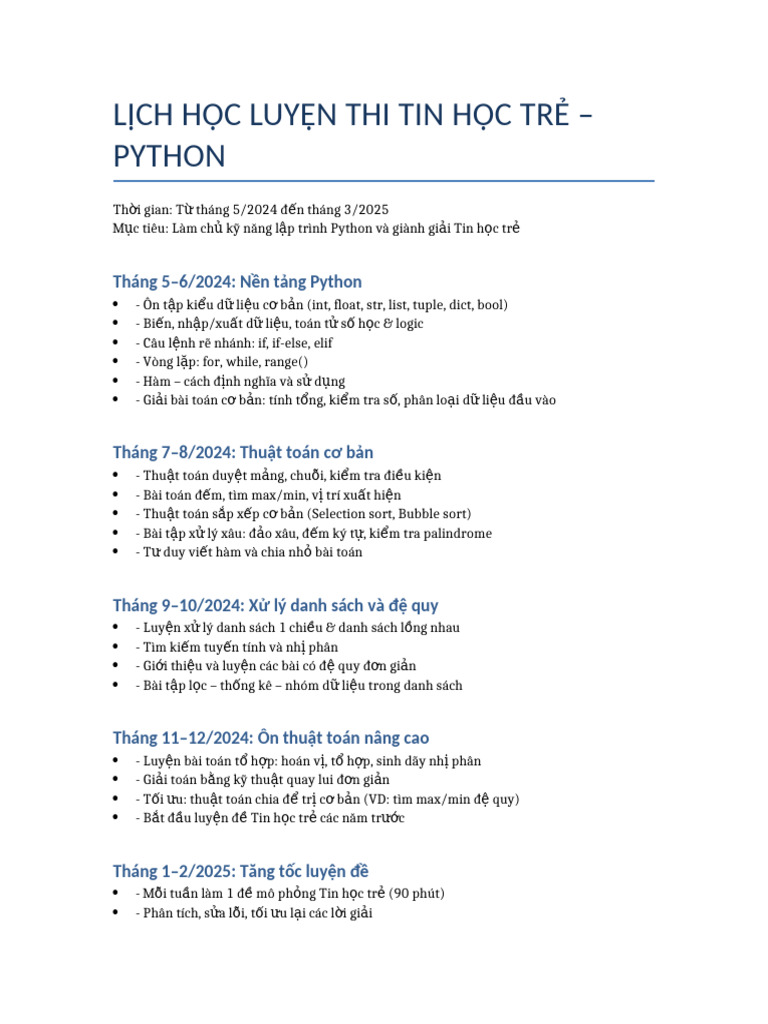 Lich Hoc Luyen Thi Tin Hoc Tre Python | PDF