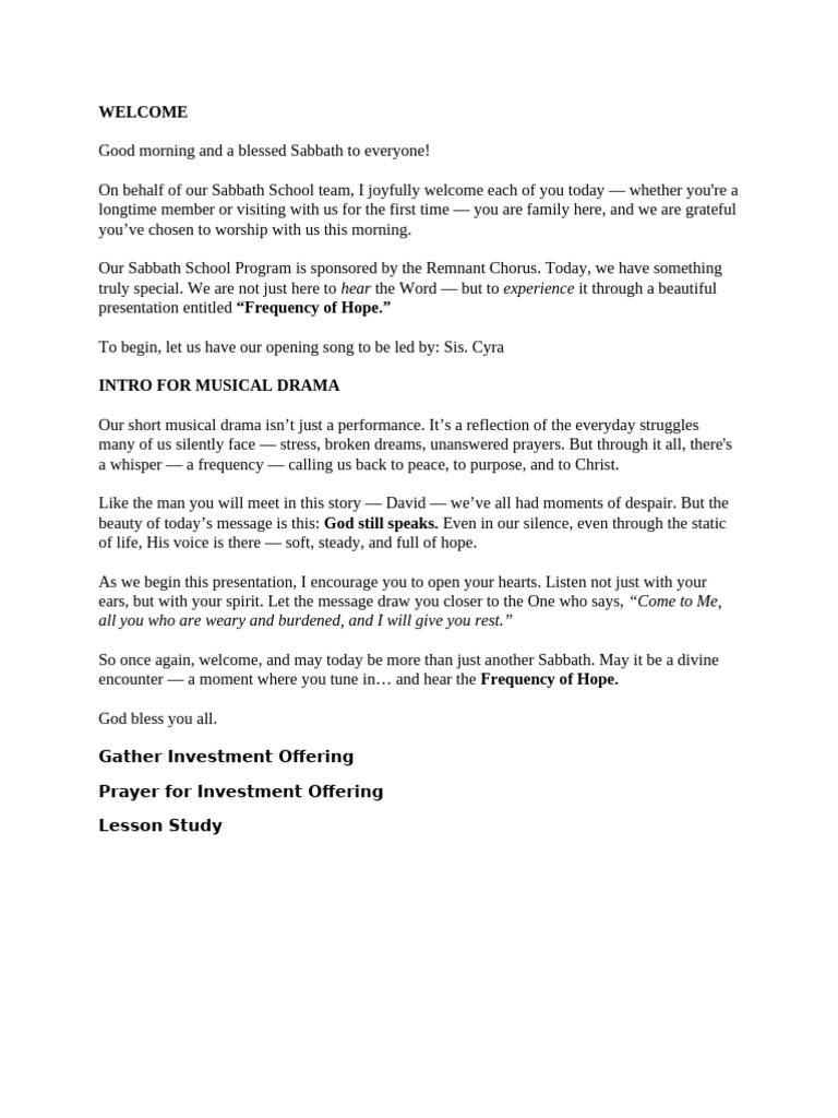 Sabbath School Opening Remarks | PDF