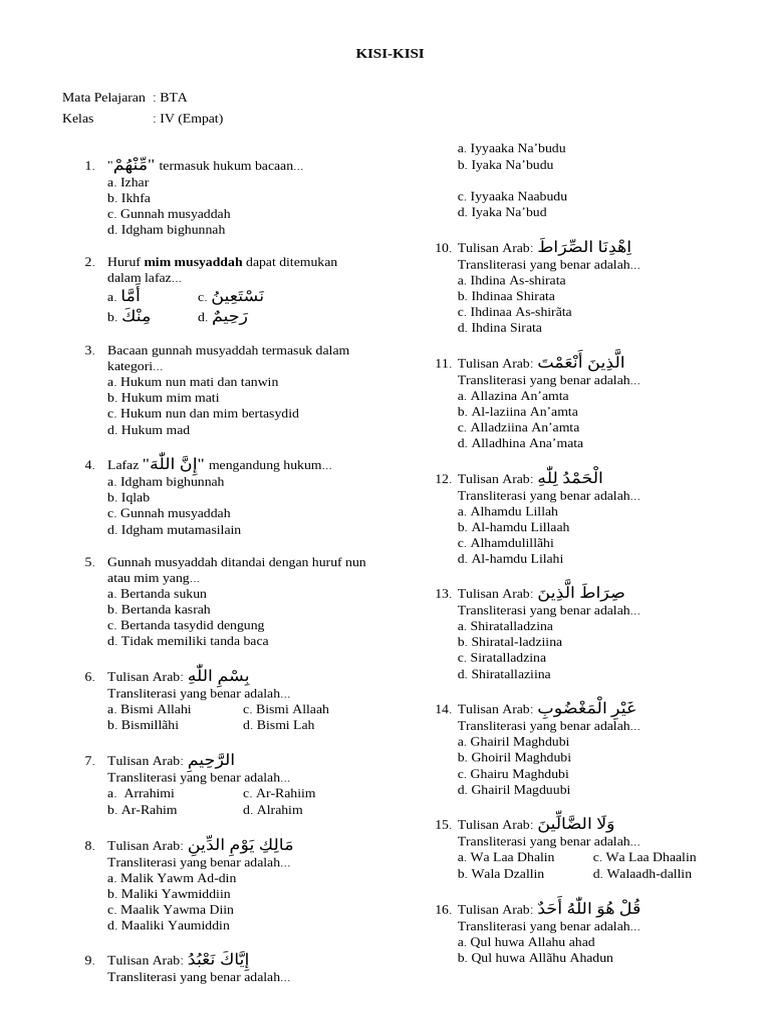 Bta Kelas 4 Format Penulisan Soal SAT 2024-2025 (Genap) | PDF