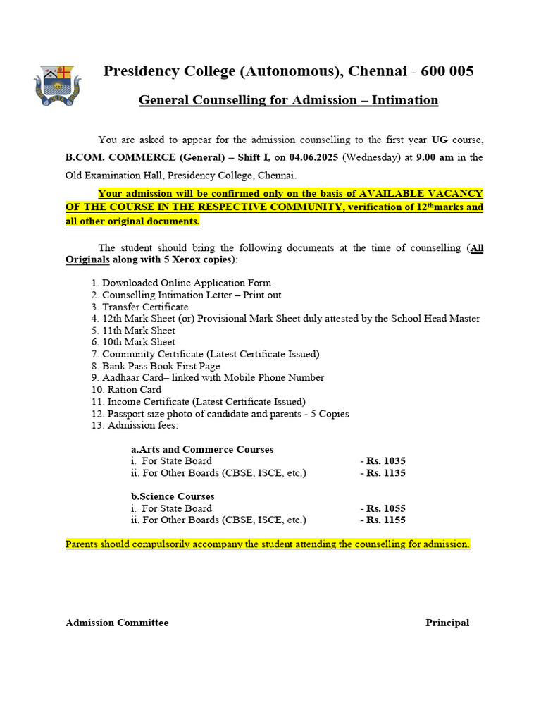Counselling Intimation Letter - B.com - Shift I | PDF