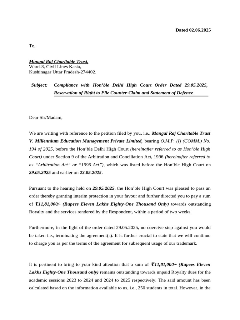 Revised Letter To Mangal Raj Charitabel Trust - 02.06.2025 - Final | PDF | Judiciaries | Common Law