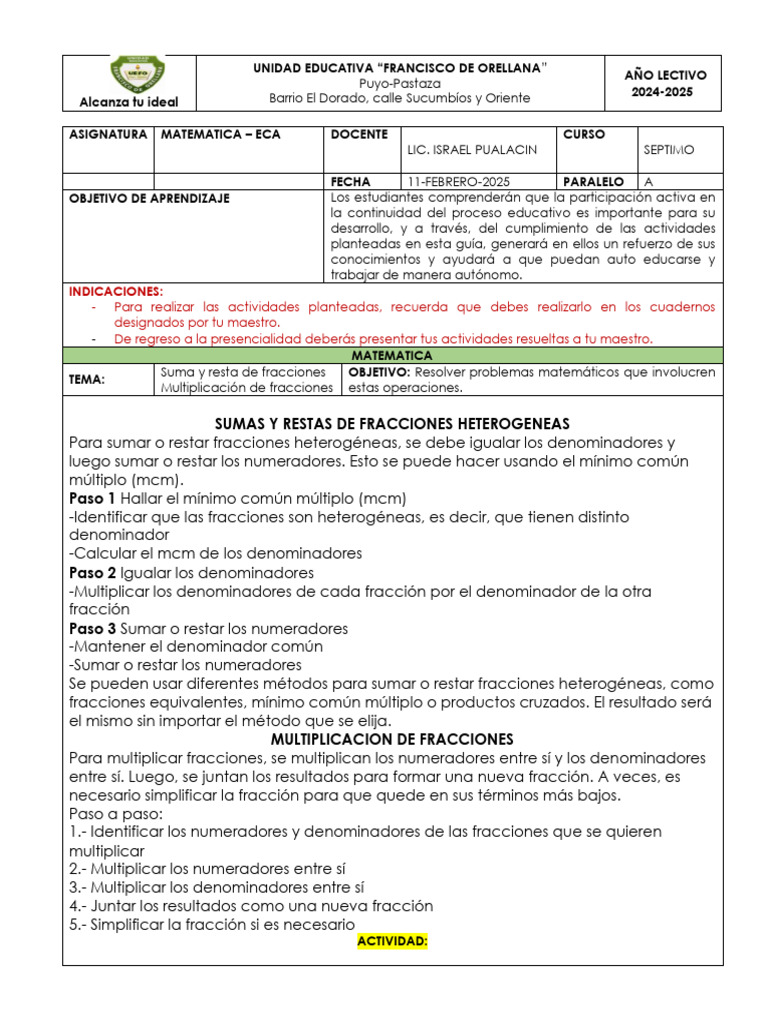 Guia 1 (Elecciones 2da Vuelta) Pedagogica Area Matematica-Eca Septimo A Viernes 11-04-2025 | PDF ...
